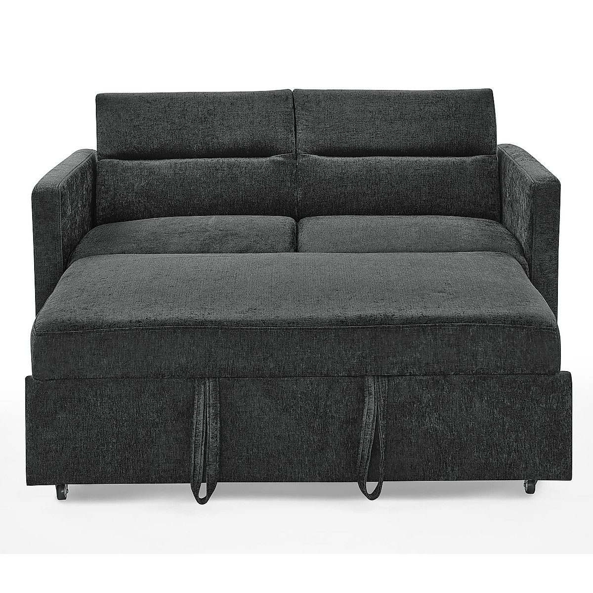 LIADTOP 54.5'' Modern Convertible Sleeper Two Side Pockets, Grey Fabric w/Pull-Out Bed Loveseat Sofa Couch and Adjsutable Back for Living Room,Black