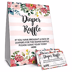 Diaper Raffle Tickets and Sign Baby Shower Games, Decorations, Party Favors For Baby Showers – 1 Sign, 50 Cards per Pack(DIAPER-B014)