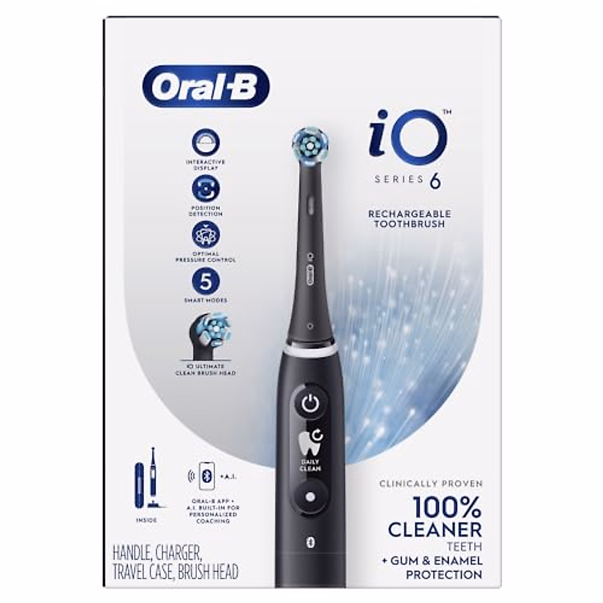 Oral-B iO Series 6 Rechargeable Electric Toothbrush with Visible Pressure Sensor to Protect Gums, 2 Minute Timer, 5 Cleaning Settings, 1 Replacement Toothbrush Head, and Travel Case, Black