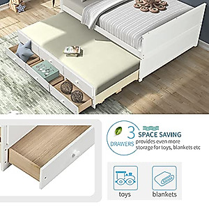 OUYESSIR Full Captains Bed with Trundle and Storage Drawers, Full Trundle Bed with 3 Storage Drawers, Full Day Bed with Trundle Bed, Solid Wood Full Size Captains Bed for Kids Teens and Adults (White)