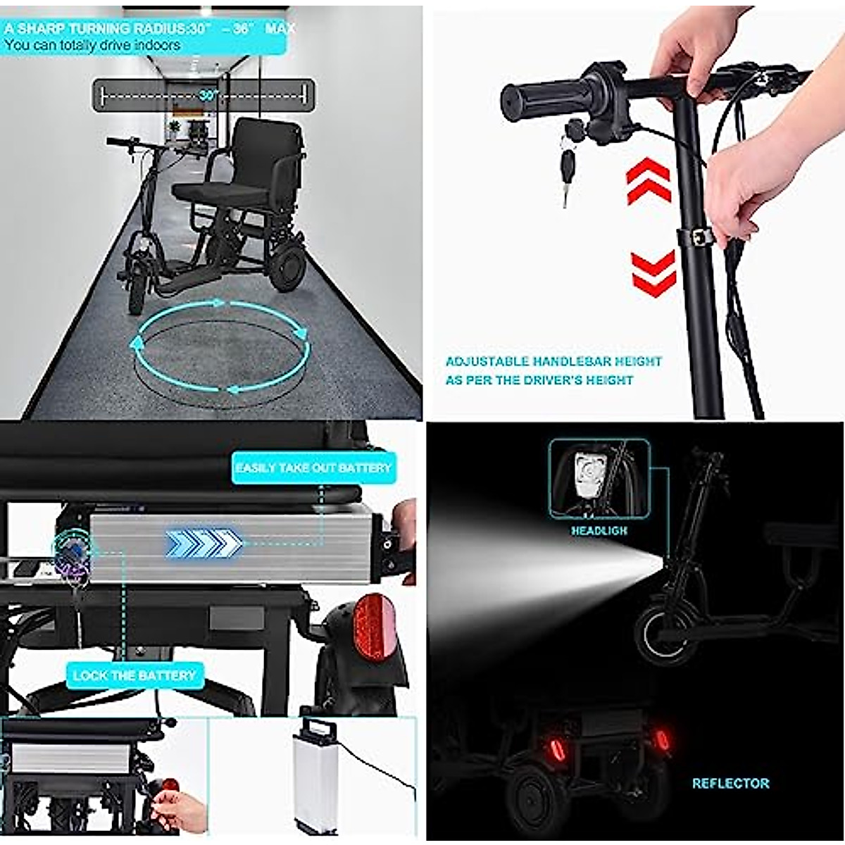 MotoTec Folding Mobility Electric Trike 48v 700w Dual Motor Lithium Black, 42x22x33 Inch, MT-FOLD-TRK-700
