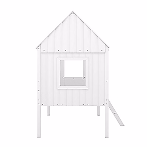 BOVZA Twin Playhouse Bed for Kids, Wood House Low Loft Bed with Two Side Windows and Roof for Girls and Boys Bedroom, White