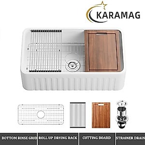 KARAMAG 33 Inch Workstation Farmhouse Kitchen Sink with Accessories, Reversible Apron-Front Single Bowl Kitchen Sink Ceramic White Farm Sinks Undermount For Kitchens