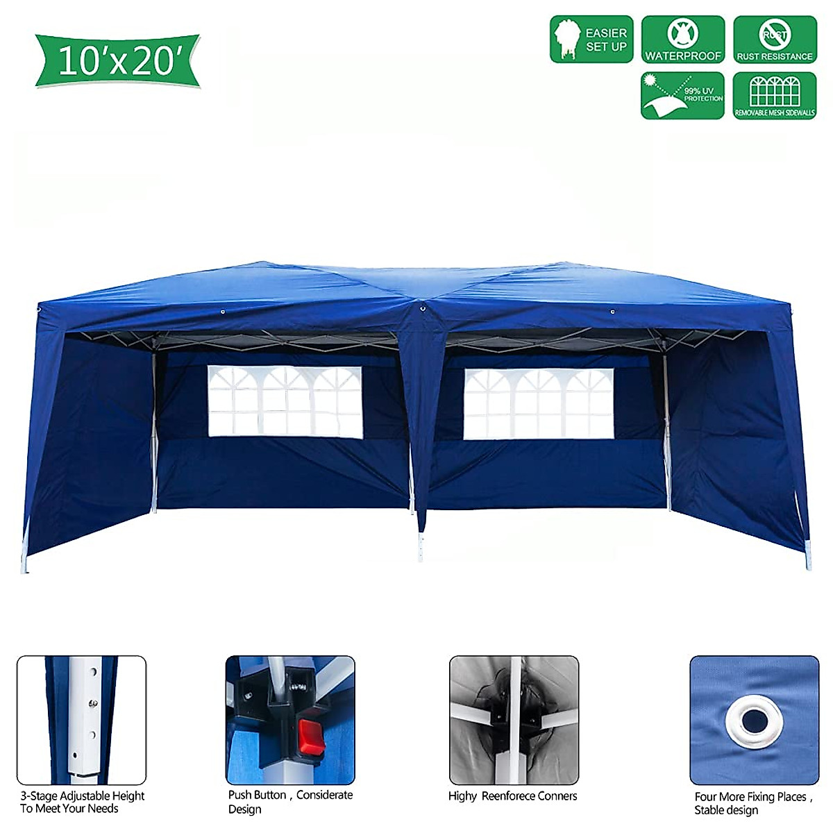 Simply-Me 10' x 20' Outdoor Canopy Tent Heavy Duty Pop Up Gazebo Canopy Party Tent Adjustable Practical Waterproof Folding Tent,4 Removable Sidewalls,2 Brighter Windows,w/Carry Bag,Blue