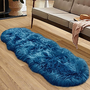 Faux Fur Rug for Bedroom, Fluffy Runner Rugs Soft Sheepskin Rug Sofa Couch Seat Cushion, 2x6ft Dark Blue Plush Area Rug Shag Rugs Floor Carpets for Nursery Bedside, Cute Shaggy Fuzzy Home Decor