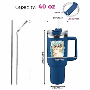 LB LEOBON 40 ounce insulated cup with handle, double-layer vacuum stainless steel material, equipped with straw, can keep warm or maintain cold drinks Leisure Cats Art Cowboy Blue