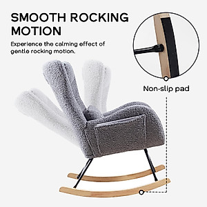 NIOIIKIT Nursery Rocking Chair, Teddy Upholstered Glider Rocker with Headrest and Lumbar Pillow, High Backrest Rocking Accent Chair with Side Pocket, Comfy Armchair for Living Room (Grey)