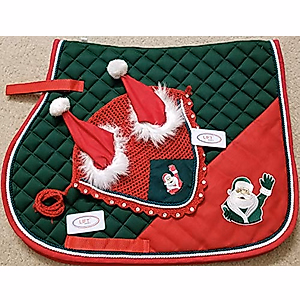 Lift Sports Horse Christmas Santa Claus Saddle PAD Set with Matching Fly Bonnet Ear NET Cotton Hand Made Crochet Fly Veil Hood MASK Equestrian Shows Breathable Cotton (Full/Horse)