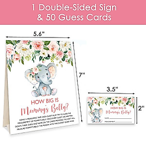 Yuzioey How Big is Mommy's Belly Elephant Baby Shower Game, Pink Floral Elephant Baby Shower Game, 50 Cards & Matching Sign & 3 Measuring Tapes