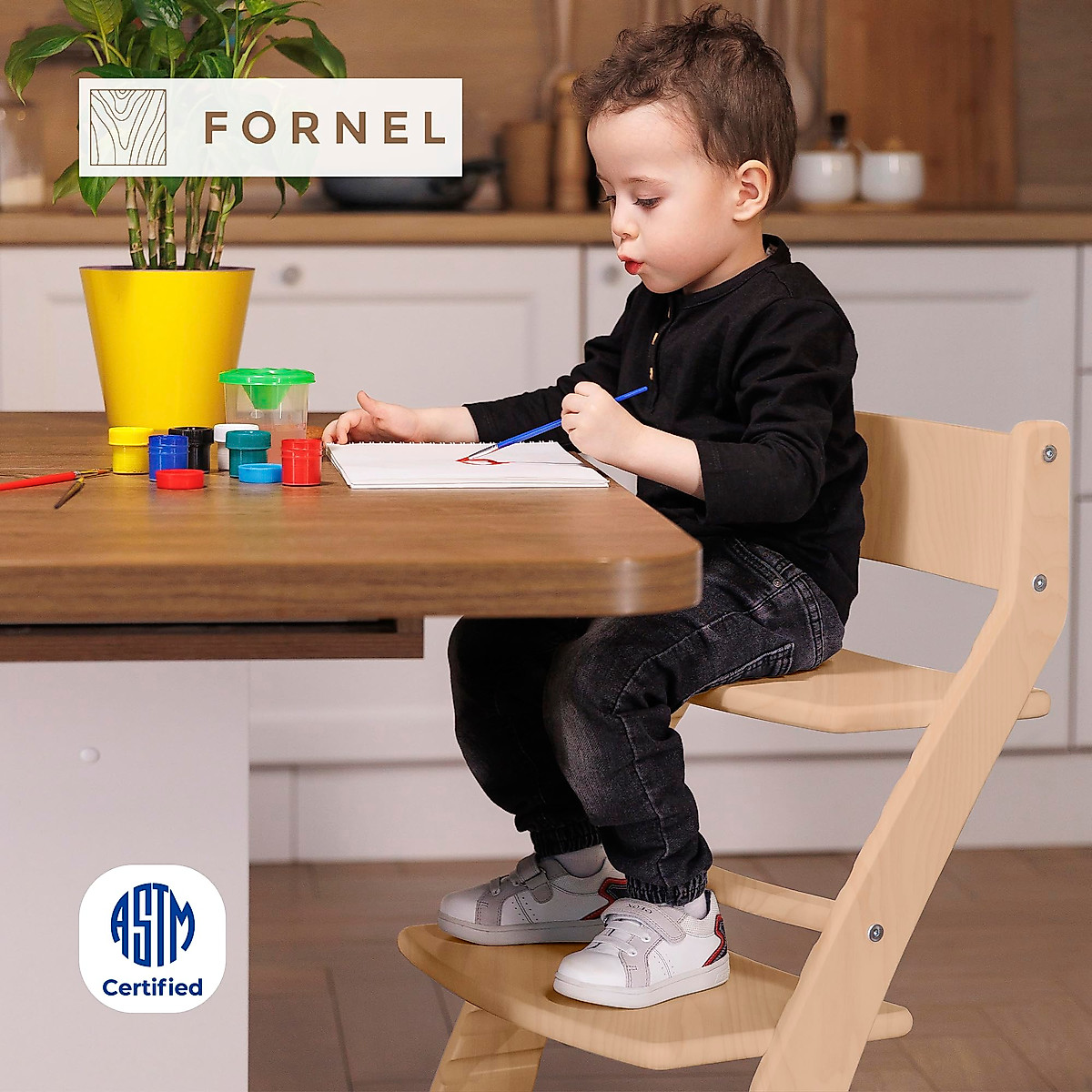 FORNEL Wooden High Chair for Babies and Toddlers - Adjustable Height Easy to Clean Toddler Highchair - Kids Dining Chair from 3 Years to 200 Lb, Grow with Child - Natural Birch