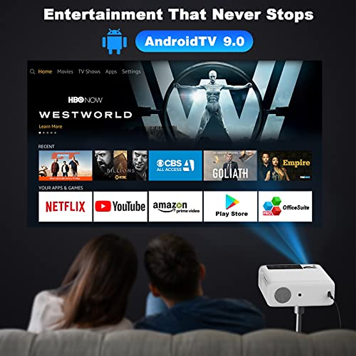 GROVIEW Smart Projector 4K Supported - 9500 Lux 1080P FHD Outdoor Movie Projector with WiFi Bluetooth, APP Control, 4D Correction, AndroidTV 9.0, Office-Software, Portable Projector for Home Theater