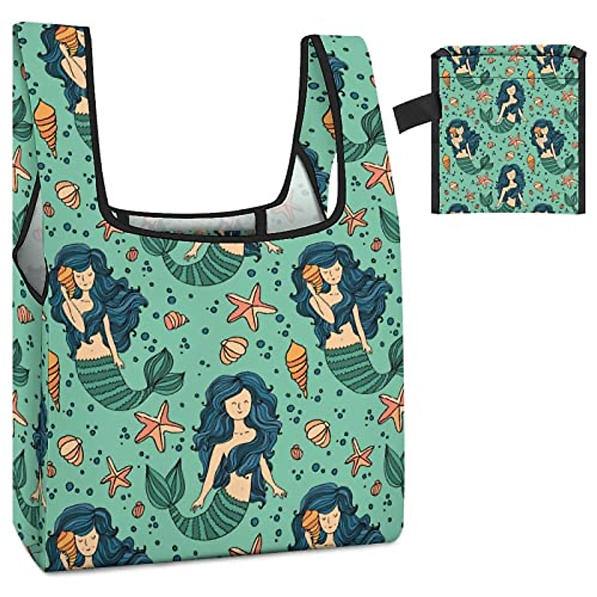 Cute Mermaid Secret Printed Reusable Grocery Bag with Handle Foldable Shopping Tote Bags Portable for Supermarket Camping