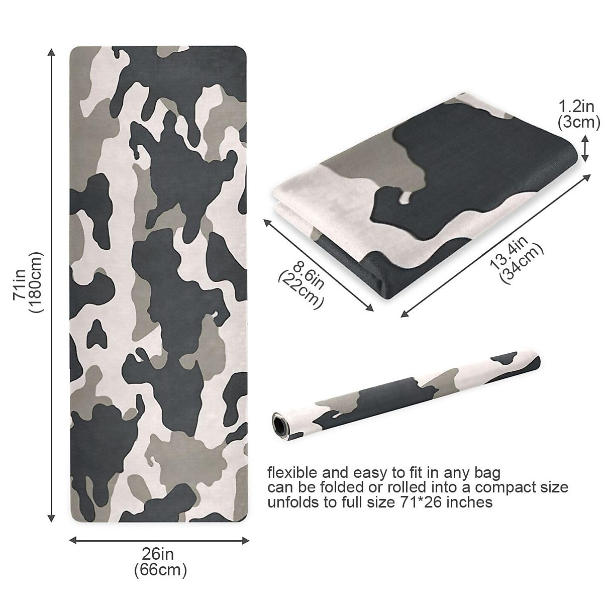 GOODOLD Black White Cow Print Yoga Mat, 71 x 26 Inch Non-slip Yoga Mats Folding Travel Exercise Mat Indoor Outdoor Gym Pilates with Storage Bag for Women Men