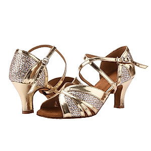 Akanu Women's Latin Dance Shoes Female's Ballroom Salsa Dance Shoes with 2.3" Hell(D-Style Size 9) Gold
