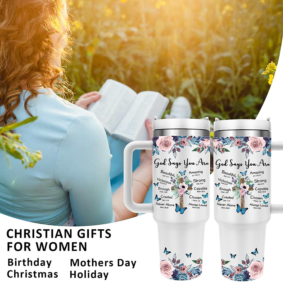 Religious Tumbler with Handle - 40oz Stainless Steel Travel Mug Insulated Coffee Cup, Christian Birthday Gifts for Women - Religious Inspirational Gifts for Women - Gift for Sister Best Friend Woman