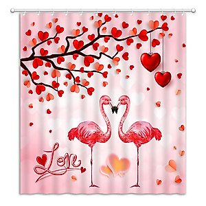 ZWSMZW Valentine's Day Shower Curtain Red Heart Love Tree Pink Flamingo Couple Happy Valentines Day Vintage Romantic Sweet Woman Bathroom Decor Fabric Curtains with Hooks