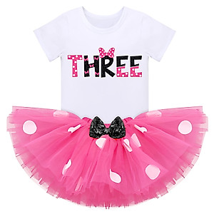 Mouse 3rd Birthday Outfit Baby Girl Short Sleeve T-Shirt Top Polka Dots Mini Tutu Skirt Headband 3 Years Old Cake Smash Photo Props I'm Three Toddler Third Birthday Party Supply Hot Pink + Black 3T