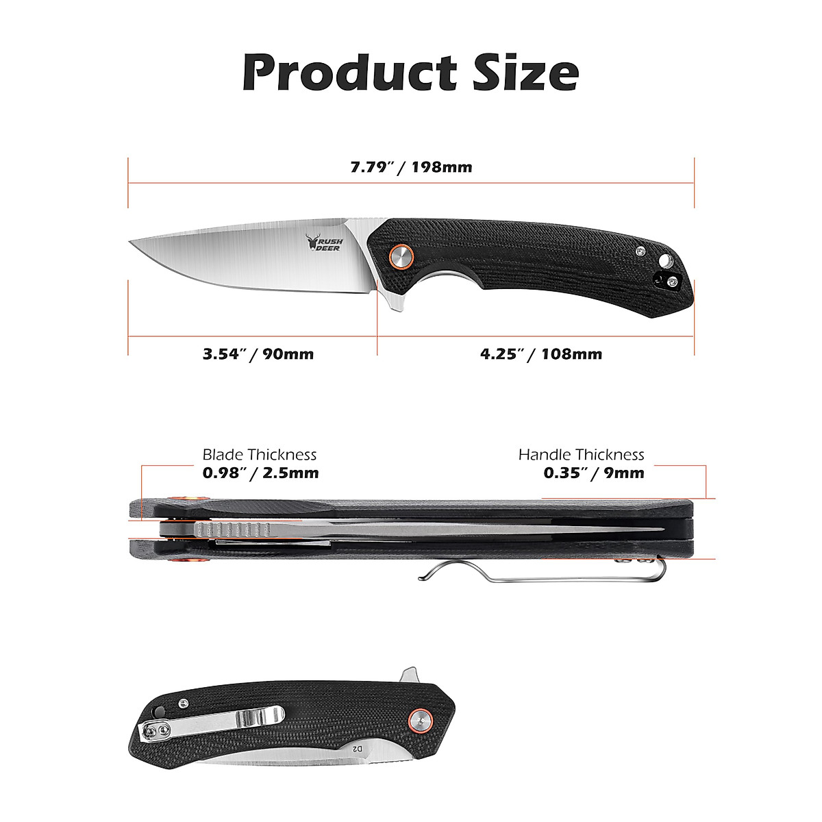Rush Deer Pocket Knife: Folding Knife with 4" D2 Steel Blade and G10 Handle, EDC Knife with Pocket Clip.Ideal for Camping, Fishing and Survival,Gift for men women