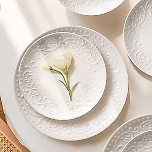 Artena Embossed Ceramic Salad Plates, White Dinner Plates 8.25 inch, Kitchen Plates Set of 4, Pasta Plate for Appetizer, Dessert, Serving Dishes for Entertaining, Party, Microwave/Oven/Dishwasher Safe