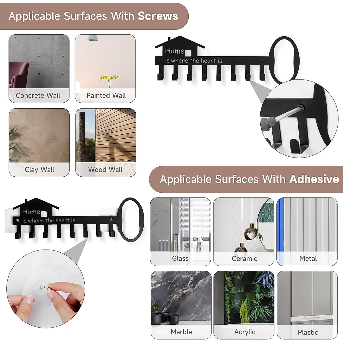 RELBRO Key Holder Wall Mount, Black Metal Key Shape Key Hanger Wall Decorative Self Adhesive Key Rack Organizer with 8 Key Hooks for Entryway Hallway Doorway Garage 2 Installation Ways