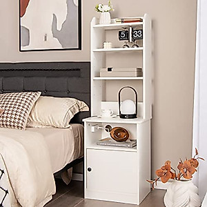 GOFLAME Nightstand with Charging Station and USB Ports, 56” Tall Bedside Table with Adjustable Open Shelves, Storage Cabinet, End Table Sofa Side Table with Bookcase for Home Office (White)