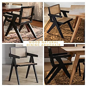 First of a Kind Rattan Cane Dining Chair - Mid-Century Modern Chairs with Mesh Back - Comfy Side Chair with Arms for Dining Room – Farmhouse Wooden Frame Accent Chair for Kitchen - Black
