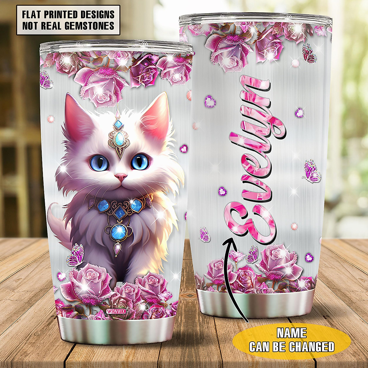 WONWIX Personalized Cat Coffee Mug Cups Gifts For Women Mom Daughter Cats Water Bottle Mothers Day Birthday Christmas Valentine Jewelry Style 20oz Stainless Steel Thermos Tumbler Cup With Lid