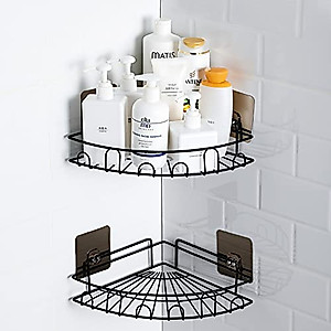 Corner Shower Caddy Basket Rack Stainless Steel with Hooks Wall Mounted Bathroom Shelf Storage Organizer Adhesive Rustproof No Drilling 3 Pack (Black)