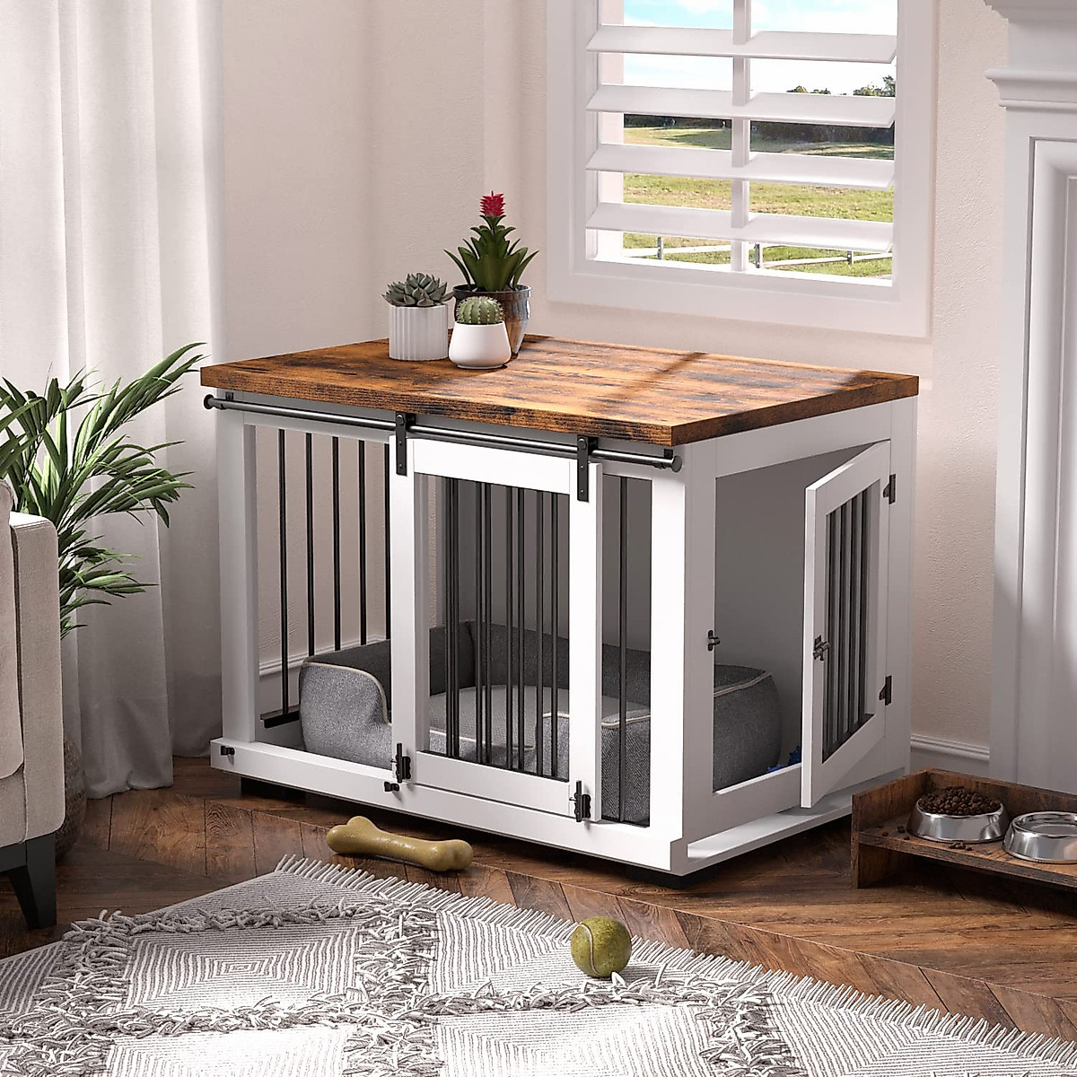 Zakkart Dog Crate Furniture for Large Dogs Up to 60 lbs. - Barn Door Puppy Kennel w/Thickened Farmhouse Top & Metal Bars - 37'' Wide - White Decorative Modern Dog Crate Table, End Table, Nightstand