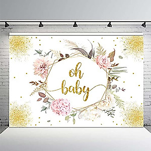 MEHOFOND Boho Pampas Baby Shower Backdrop for Girls Gold Glitter Sequins Dots Blush Pink Floral Photography Background Oh Baby Banner Announce Pregnancy Party Decorations Photo Booth Props 8X6ft