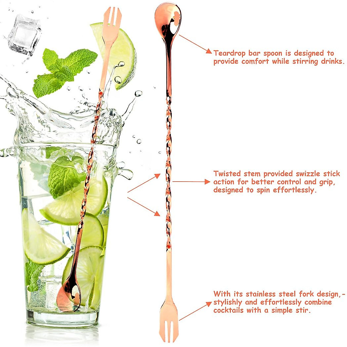 Cocktail Tools, JUSTDOLIFE Stainless Rose Gold Mixing Spoon Double Jigger with Cocktail Ice Muddler and Cocktail Bar Strainer for Home Bar Cocktail Drinks