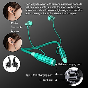 Bluetooth Headphones Neckband with 100 Hours Playtime Support 64G TF Card Wireless Neck Headphones Built-in Noise Cancelling Mic Earbud Neckband IPX5 Waterproof Two Ways in-Ear Earphones (Green)