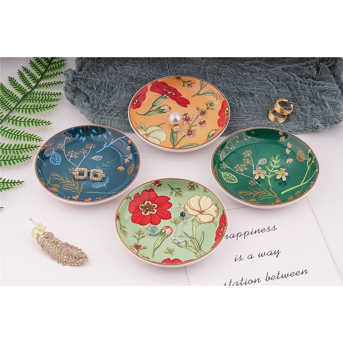 Goporcelain Jewelry Ring Dish Tray Boho Ceramic Decorative Trinket Dish Organizer for Rings Earrings Necklaces Bracelet Watch Keys Plate Small Round Ring Holder Gift for Women Engagement