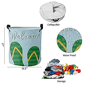 Laundry Basket Hamper with Handles, Cartoon Summer Flip Flop Waterproof Laundry Bin Foldable Clothes Basket for Storage Toys and Clothing Text Welcome Blue Backdrop 16.5x17 Inch