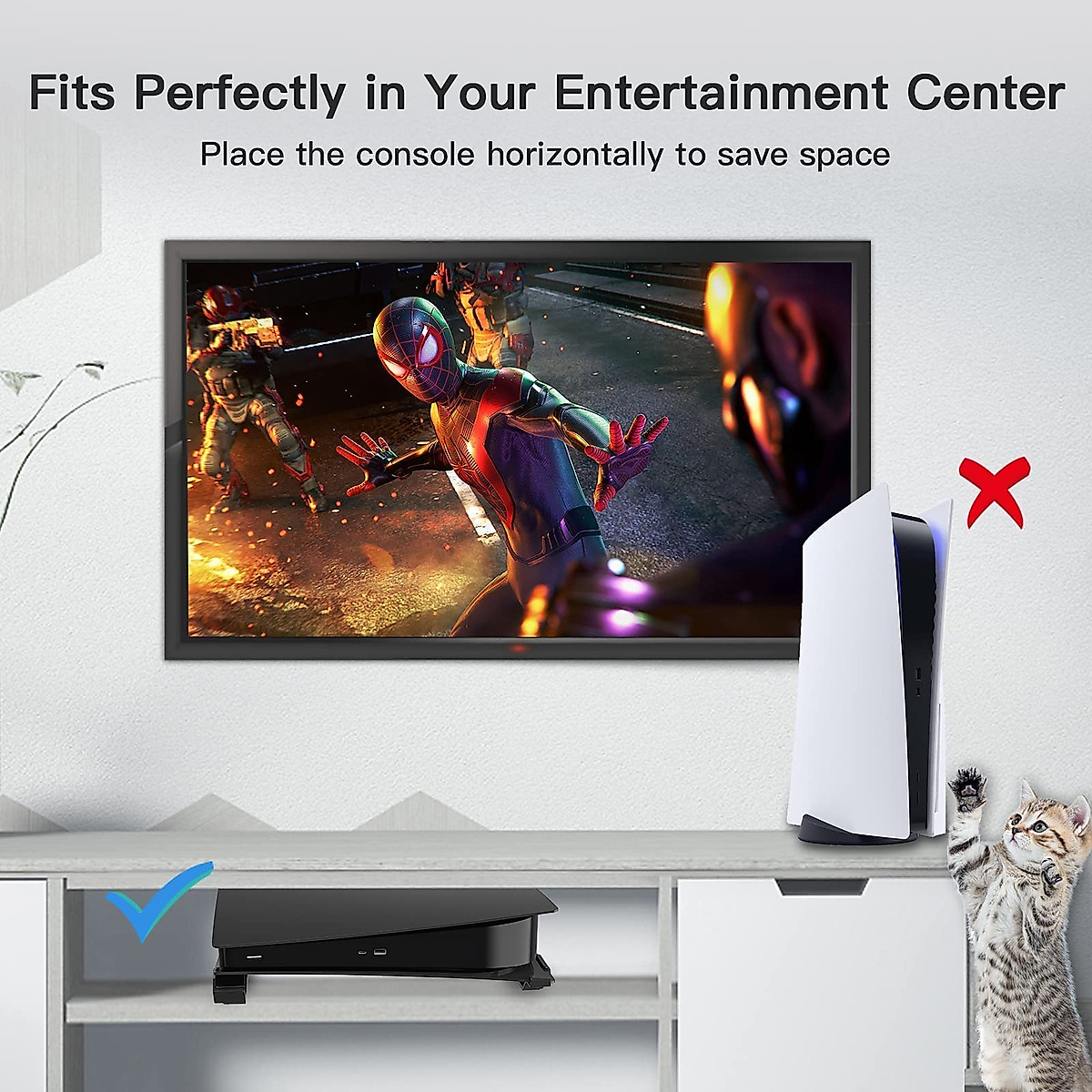 NexiGo PS5 Accessories Black Series, PlayStation 5 Horizontal Stand [Minimalist Design], PS5 Cooling Fan with LED Light, Compatible with Both Disc and Digital Editions