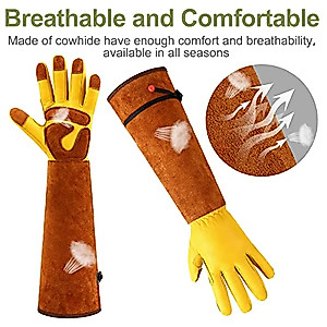 2 Pairs Long Gardening Gloves for Women Men Thorn Proof Rose Pruning Gloves Heavy Duty Gauntlet Leather Work Garden Gloves (Yellow, Large)