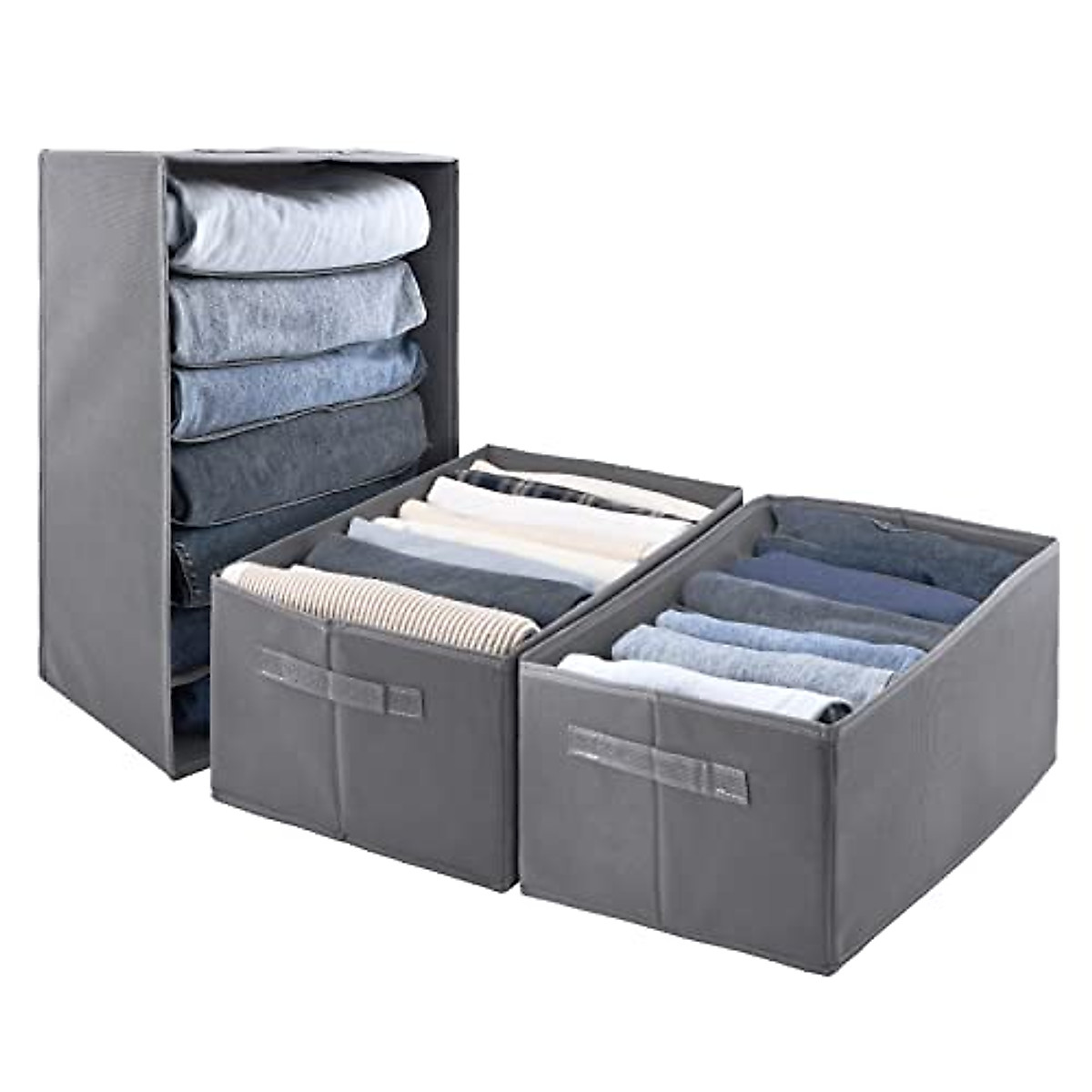 3 Pcs Wardrobe Clothes Organizer, Drawer Clothes Organizers for Pants, Jeans, T-shirt, Scarves, Dress, Stackable Storage Closet Container with Handles, Grey (2Pcs 6 Grids & 1Pc 9 Grids)