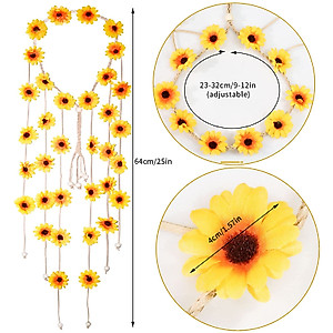 Sucrain 2pcs Flower Hippie Headband Floral Crown Summer Sunflower Hair Accessories for 70 s Bohemian Costumes Style
