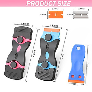 3 Pack Razor Blade Scraper, Premium Plastic Cleaning Scraper Tool with 40 PCS Metal & Plastic Razor Blades, Multi-Purpose Glass Scraper for Windows, Sticker, Decals, Cooktop, Paint Removal(Pink, Blue)