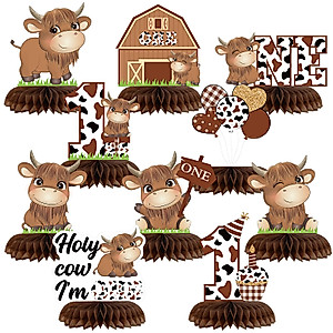 Qilery 10 Pcs Holy Cow First Birthday Decorations, Cow First Birthday Honeycomb Centerpiece Party Supplies for Boy Girl, Baby 1st Birthday Farm Cow Table Toppers Sign Decor