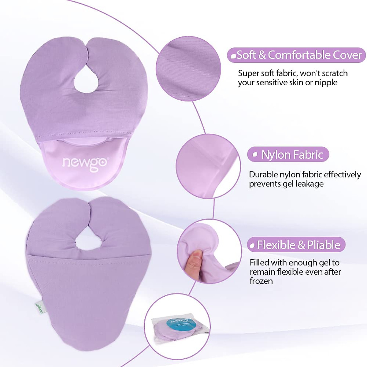 NEWGO Breast Ice Pack for Breast Surgery, 2 Pack Nipple Ice Packs Breastfeeding Ice Packs Reusable for Nursing Mother, Hot Cold Therapy Breast Gel Pack with Washable Cover(Purple)
