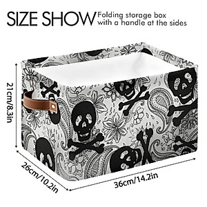 Large Foldable Storage Basket Skull Black Gothic Storage Bin Canvas Toys Box Fabric Decorative Collapsible Organizer Bag with Handles for Bedroom Home
