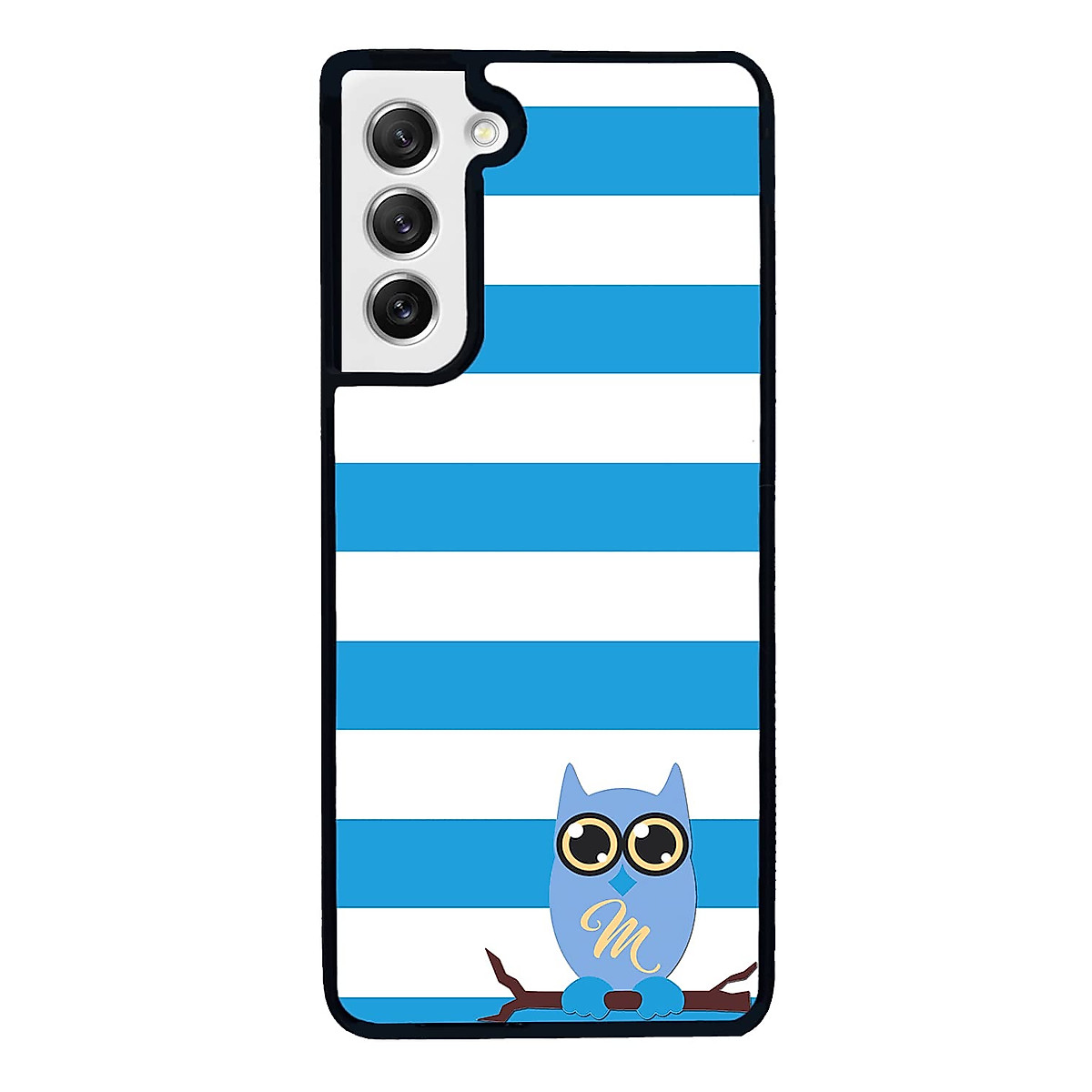 Blue and White Bars Owl Personalized Initial Phone Case Compatible With Samsung Galaxy S25 S25+ S25 Ultra S24 S24+ S24 Ultra S24FE, S23 FE S23+ Ultra S22 S22+ Ultra