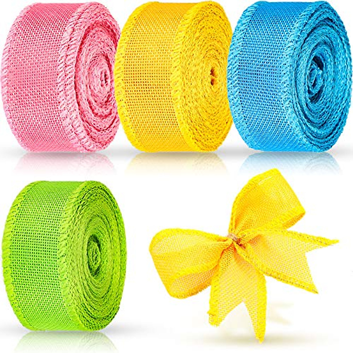 4 Rolls Easter Burlap Wired Ribbons, Solid Wired Edge Ribbon, Wrapping Burlap Ribbon, Burlap Wired Ribbon for Wreaths Home Decor DIY Crafts (Blue, Light Green, Light Yellow, Pink,1-1/2 Inch)