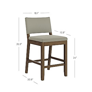 Nathan James Linus Modern Upholstered Counter Height Bar Stool with Back and Solid Rubberwood Legs in a Dark Brown Wood, Natural Light Grey/Brown, Set of 4