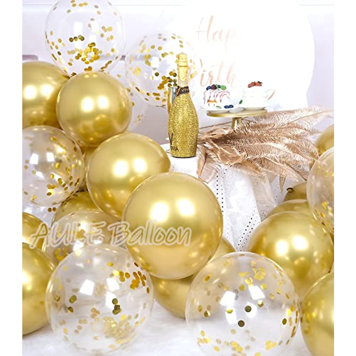 AULE Party Balloons Pack of 42 - Metallic Gold Balloons & Gold Confetti Balloons and 64ft Ribbons - 12 Inch Balloons Decorations Set
