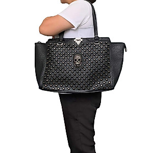 FiveloveTwo Women Skull Handbag Purse Gothic Top-handle Shoulder Bag PU Rivet Tote Satchel Black