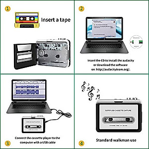 Reshow Cassette Player – Portable Tape Player Captures MP3 Audio Music via USB – Compatible with Laptops and Personal Computers – Convert Walkman Tape Cassettes to iPod Format (Silver)