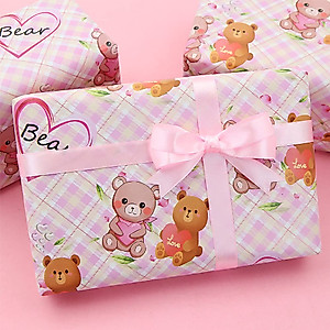 Bear Love Heart Celebrations Birthday Wrapping Paper for Baby Girls, 20 x 29 inch Per Sheet Folded Flat with 1 Roll Pink Ribbon for Infant Kids Baby Shower Wedding Holiday Party Girls Gift Wrap