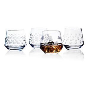 1917 Hand Blown Etched Stemless Wine Glasses set of 4-12.8oz, Wine Tumblers for Red and White Wine, Water Glasses, Drinking Glasses Gift Cup Sets